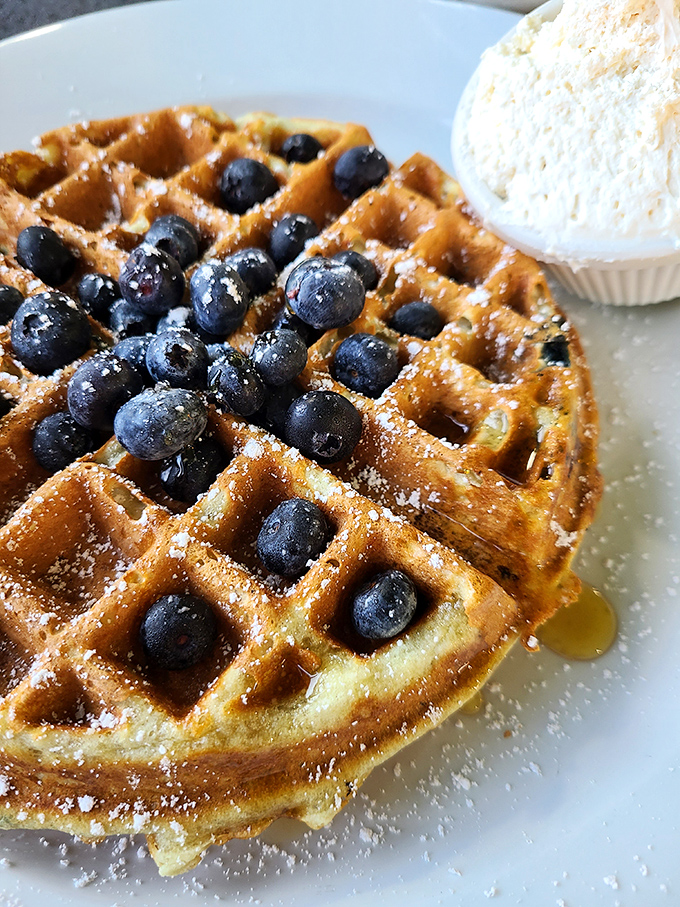 Blueberry waffle nirvana – those perfect grid indentations holding wild blueberries like nature's jewels, with ice cream melting into a breakfast that feels gloriously illicit.