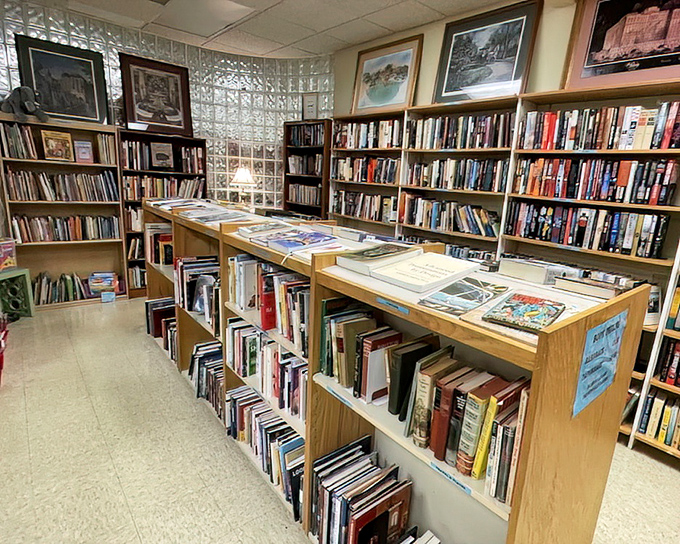 A bibliophile's dream corner where paperbacks cost less than your morning coffee and literary treasures hide between forgotten bestsellers.