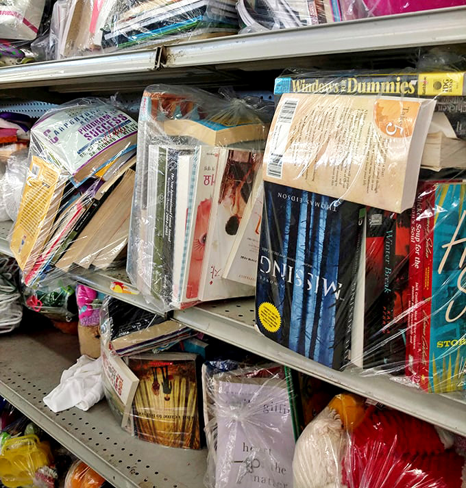 Books stacked like literary jenga&mdash;a precarious tower of knowledge and entertainment waiting to topple into your shopping cart. 