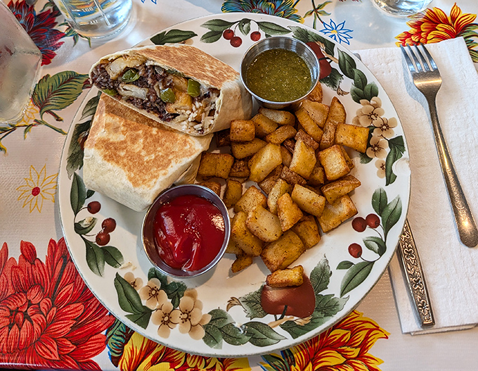 This breakfast burrito doesn't need a passport to deliver international flavor, paired with home fries that achieve the perfect crisp-to-tender ratio.