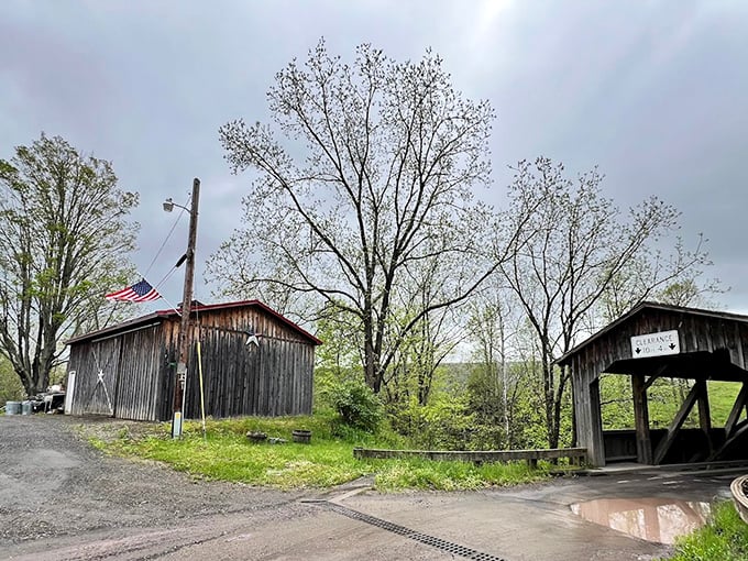 The entrance to Knapp's Bridge welcomes you like an old friend, standing proudly against the Pennsylvania sky while whispering tales of bygone eras.