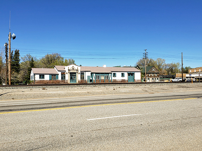This vintage train depot stands as a testament to Shoshone's railroad roots, a building that's witnessed countless arrivals, departures, and the steady march of western history.