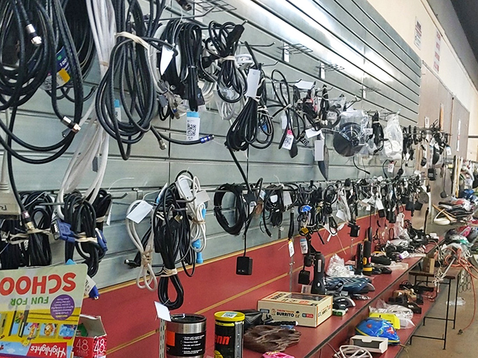 The wall of cables and cords &ndash; technological spaghetti that somehow contains exactly the one adapter you've been searching for.