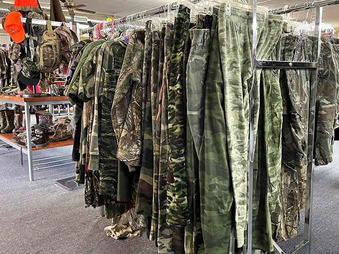 The camouflage section ironically refuses to blend in, offering hunting gear that's seen more woods than some park rangers.