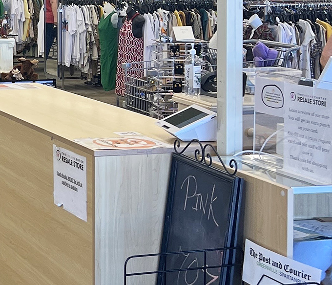 The nerve center of bargain operations, where treasures are tallied and the "Pink" tag specials create shopping strategy conversations.