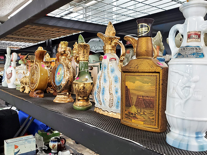 Ceramic decanters with more personality than most reality TV stars. Each one looks like it's holding secrets from a bygone cocktail party.