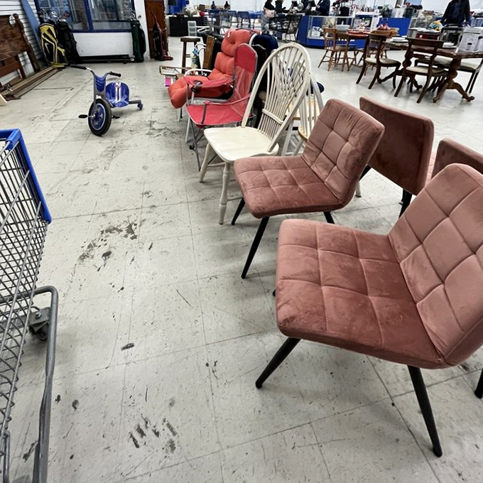 The chair lineup looks like a furniture family reunion &ndash; mid-century modern mingling with contemporary cousins at fraction-of-retail prices.