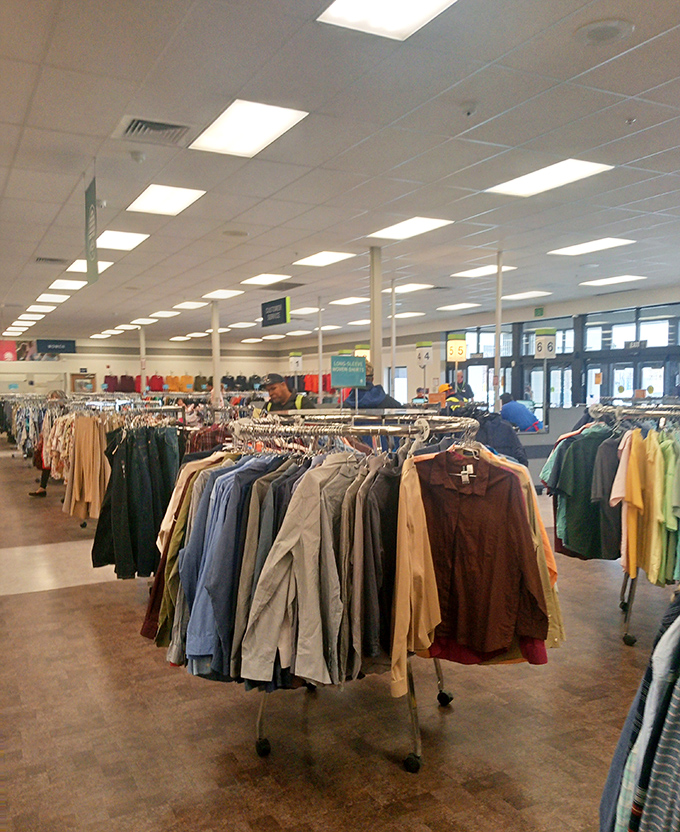 More clothing racks than a Hollywood wardrobe department, each circular display a wheel of fortune for style seekers.
