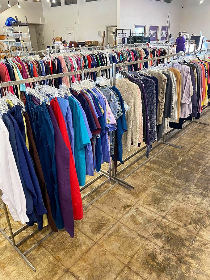 The clothing section: where yesterday's fashion becomes tomorrow's vintage find. Color-coded for the obsessively organized treasure hunter in you.