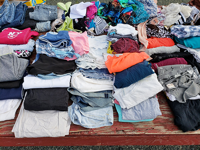 Fashion archaeology at its finest! Layers of clothing waiting for someone to discover that perfect vintage tee or gently-used summer shorts.