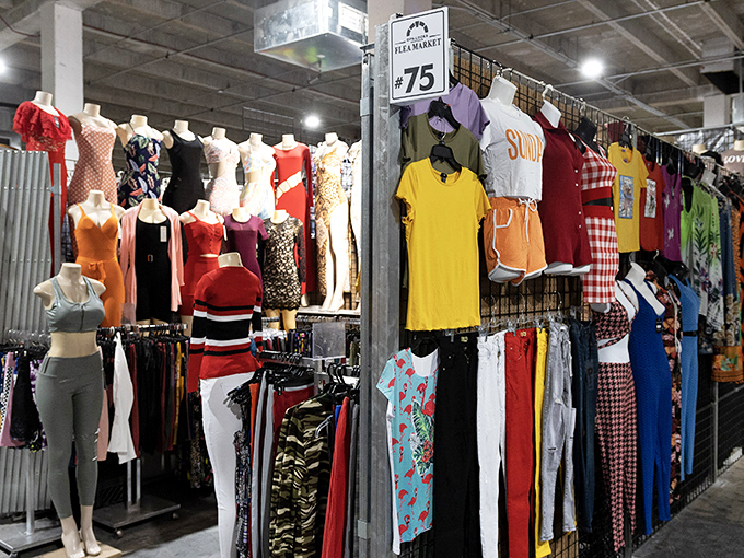 Mannequins model the latest fashions while clothing displays burst with color. Stall #75 offers everything from Sunday best to casual Friday in one convenient stop.
