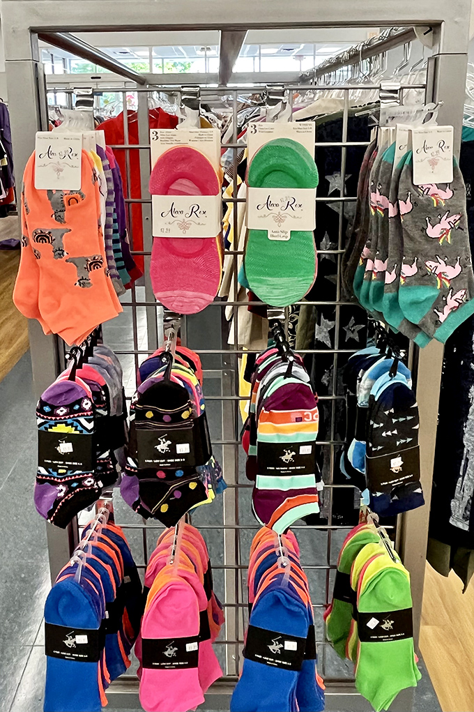 Sock paradise where unicorns, polka dots, and "Cool Mom" declarations transform mundane foot coverings into personality statements.