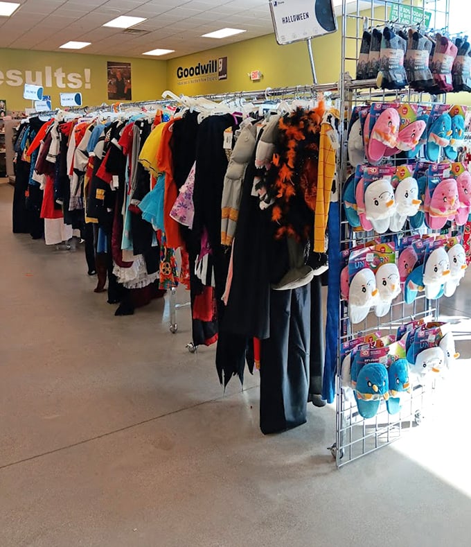 Halloween never ends at Goodwill, where costumes and colorful character slippers await their next adventure at bargain prices.