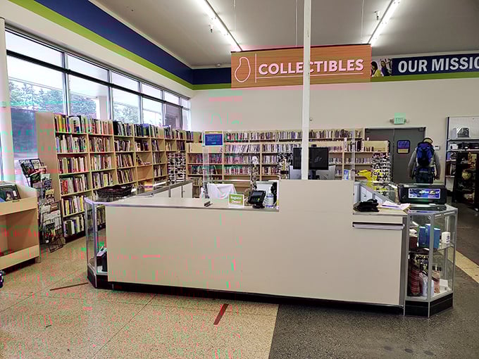 The command center of the collectibles department, where books and media await new homes. Think of it as an analog Netflix with no monthly subscription.