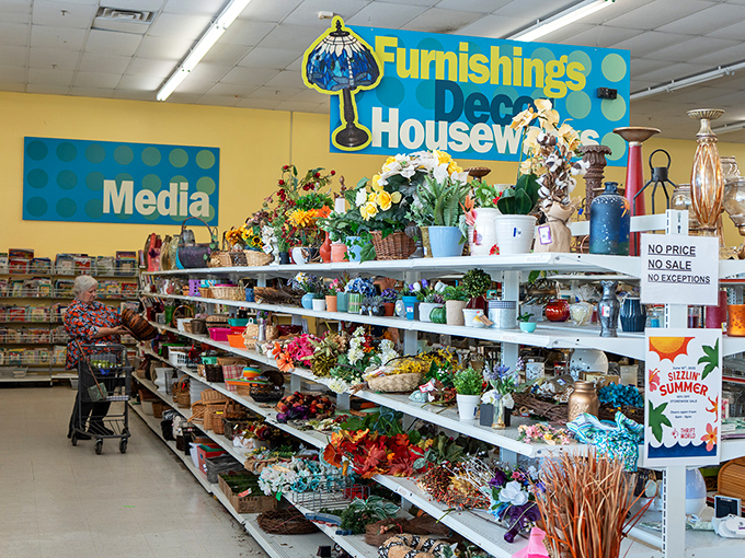 Artificial flowers that never wilt, vases waiting for new homes, and enough seasonal decor to celebrate holidays you didn't know existed.