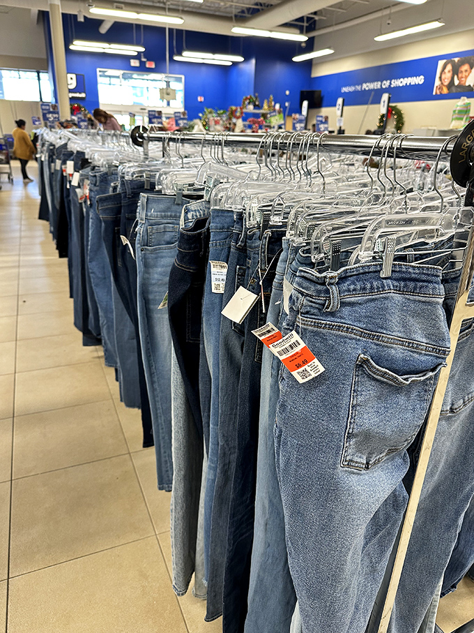 Denim heaven, where jeans of every wash and vintage hang like an indigo rainbow, waiting for their perfect match to walk by.