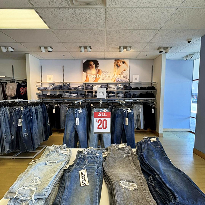 Denim paradise where "ALL $20" signs create that magical moment when you realize you can afford two pairs instead of one.