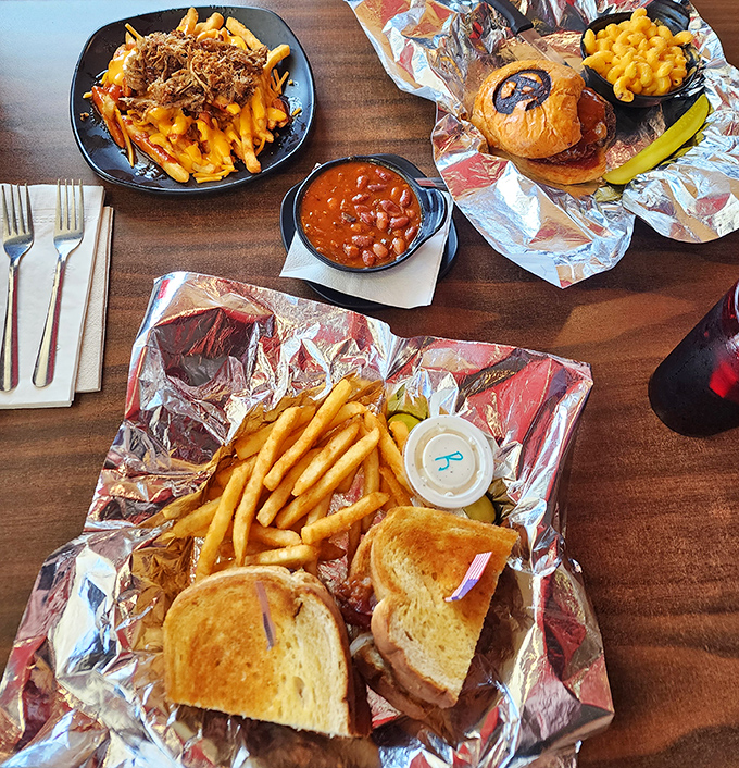 Feast mode activated: ribs, burgers, mac and cheese, and beans create a table that understands abundance.