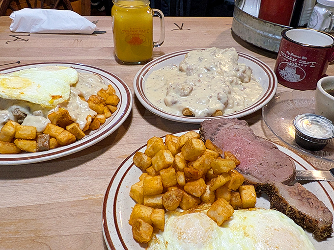 A breakfast spread that would make brunch influencers weep&mdash;golden potatoes, eggs with cheese melting just so, and portions that say "nap time comes after this."