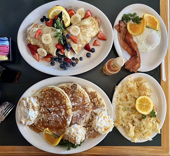 A breakfast spread that would make Ron Swanson weep with joy. Pancakes, crepes, eggs, and bacon&mdash;the four food groups of champions.