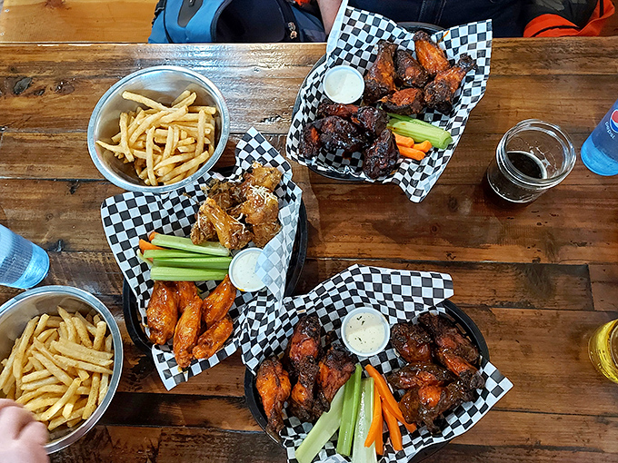 Wing paradise found. The spread that launches a thousand "we need to order more" conversations across wooden tables throughout Laramie.