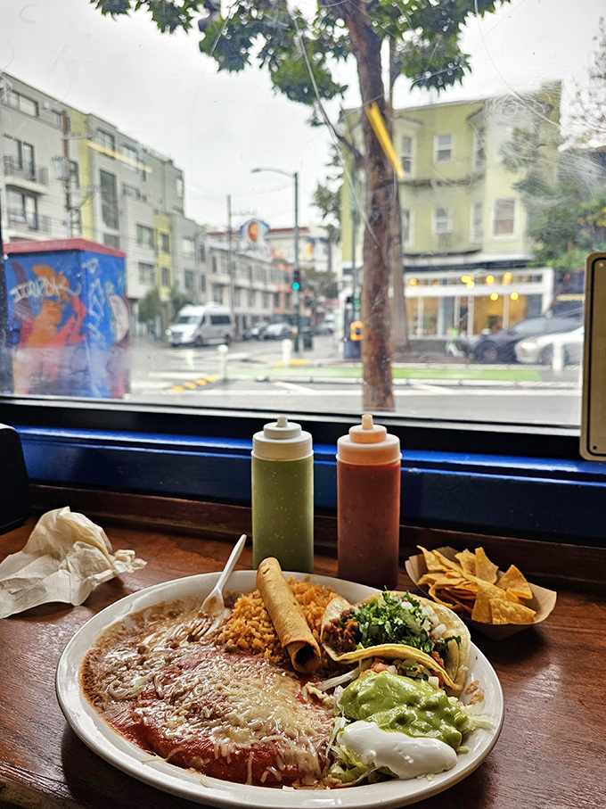 Window seats offer prime Mission Street people-watching with your enchilada plate – dinner and a show for the price of one.