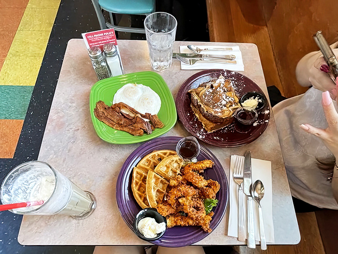 Breakfast spread worthy of a weekend celebration. Three distinct plates creating the breakfast equivalent of a three-act Broadway show.