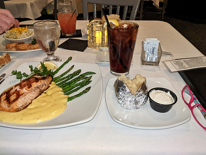 Fish, asparagus, and a loaded baked potato&mdash;the holy trinity of supper club dining. Add a cold drink and you've found heaven on a plate.