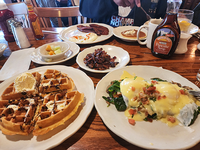 A breakfast spread that answers the eternal question: "Why limit yourself to just one delicious thing?" Waffles and eggs Benedict &ndash; the breakfast buddy system.