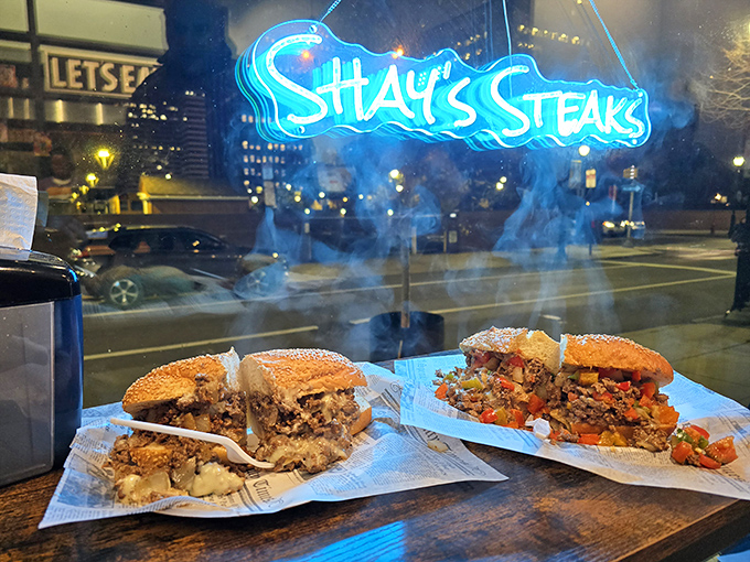 Two perfect specimens under the glow of Shay's neon sign&mdash;like a still life painting titled "Why We Can't Stop Eating These."
