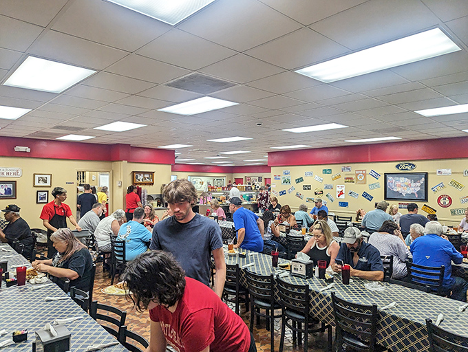 The dining room at Shealy's&mdash;where strangers become friends and diet plans go to die happy deaths.