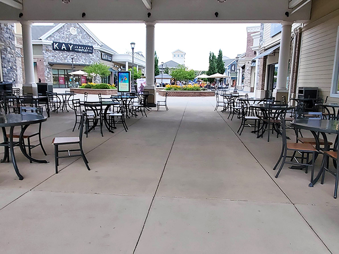 Outdoor dining areas provide the perfect pit stop to rest weary feet and strategize your next retail conquest.