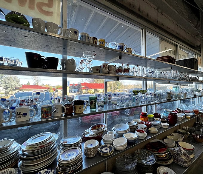 Glassware galore! From fancy goblets to mugs with faded corporate logos, each piece waits for its second act in someone's kitchen cabinet.