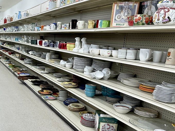 Dish heaven! Row upon row of plates, mugs, and bowls that could complete your collection or start an entirely new obsession with vintage tableware.
