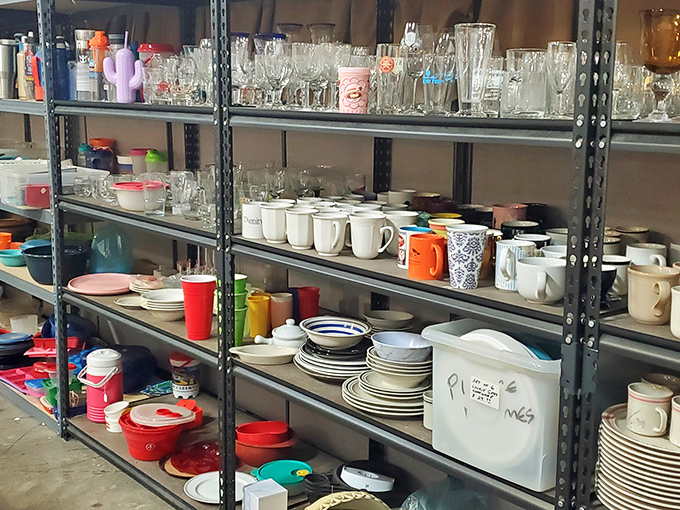 These shelves of everyday dinnerware hold the potential for mismatched charm that HGTV designers charge thousands to recreate.
