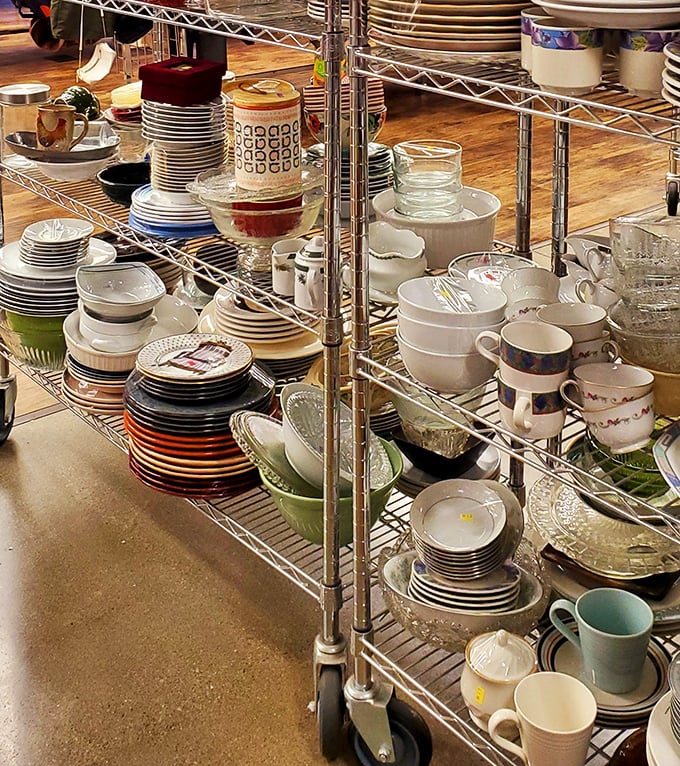 Dish department dreams come true for mismatched collectors and practical shoppers alike. Grandma's china patterns mingle with modern minimalist pieces in perfect harmony.