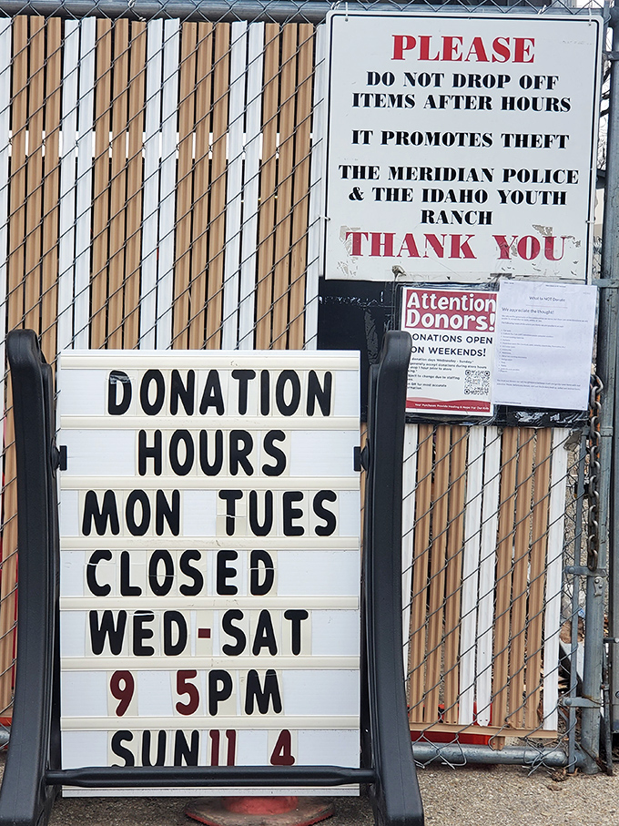 The donation area's clear instructions keep the thrifting ecosystem functioning smoothly. Wednesday through Saturday are prime donation days!