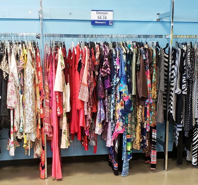 The dress section displays decades of fashion evolution, from vintage florals to modern patterns in affordable splendor.