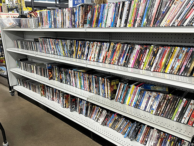 The DVD section&mdash;a nostalgic time capsule of entertainment before streaming, where physical media still reigns supreme for movie night enthusiasts.