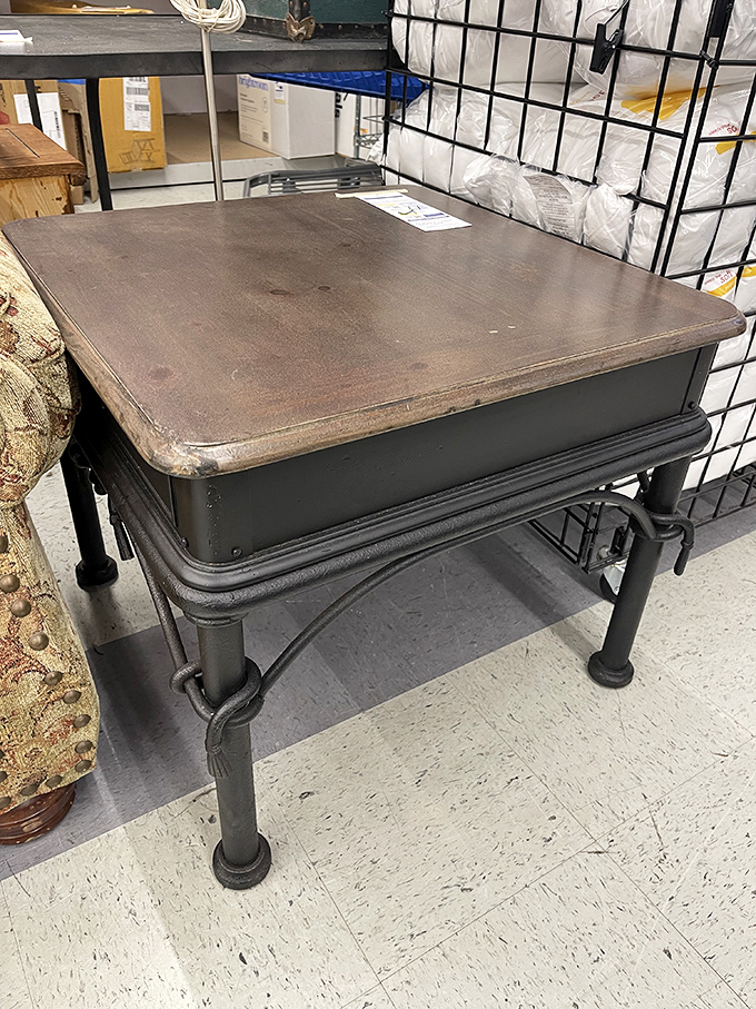 This industrial-style end table has stories to tell&mdash;and at thrift store prices, you can afford to listen while giving it a new chapter.