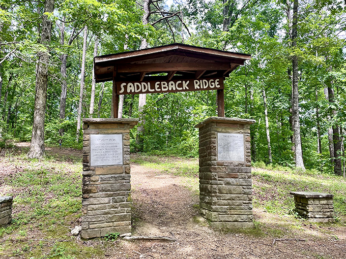 The entrance to Saddleback Ridge Trail &ndash; where the journey truly is the destination, and every step reveals Mississippi's hidden geological treasures.