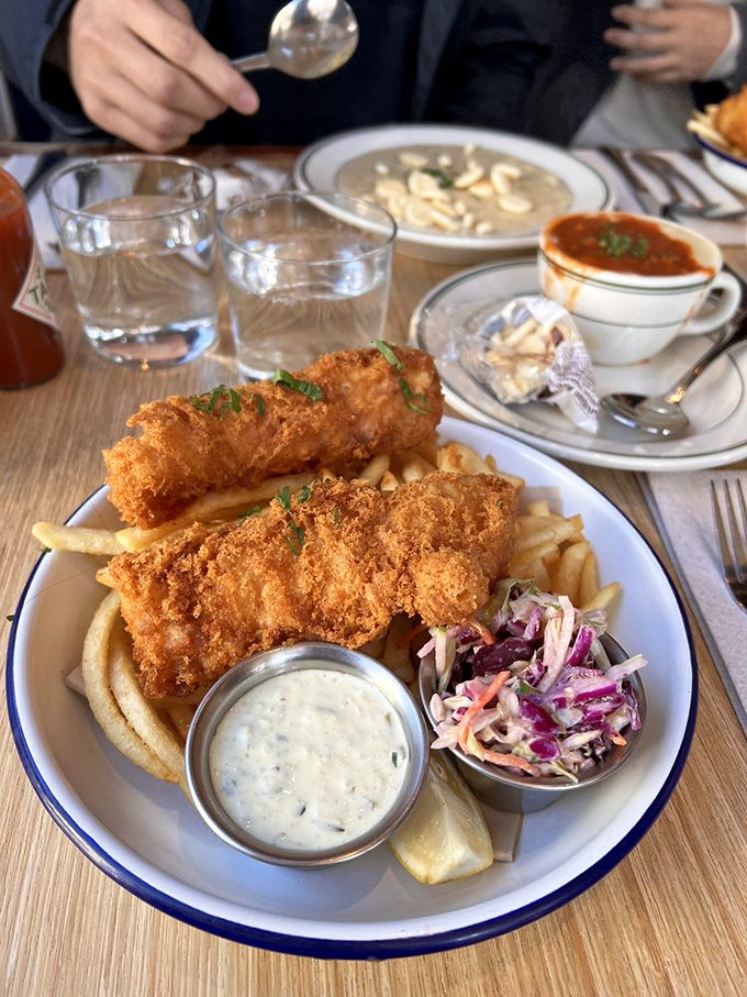 Fish and chips that would make a British pub proud&mdash;golden armor protecting flaky white fish, with tartar sauce standing by for dunking duty. 