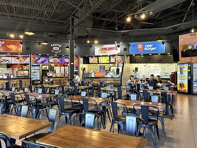The food court offers a welcome respite for weary shoppers, where the only heavy lifting involves forks and napkins.