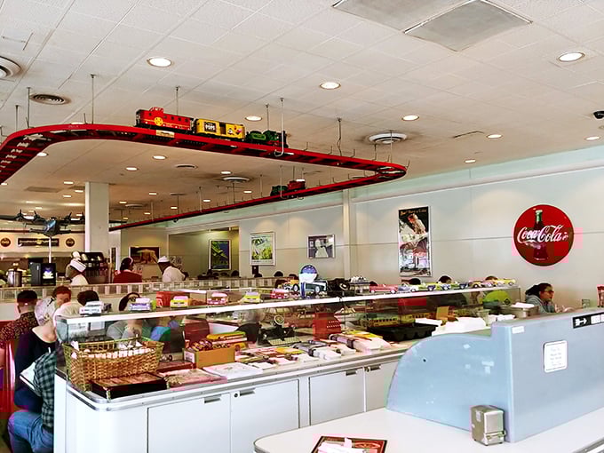 Ruby's Diner serves up nostalgia with a side of comfort food, complete with a toy train circling overhead that hypnotizes you into ordering dessert.