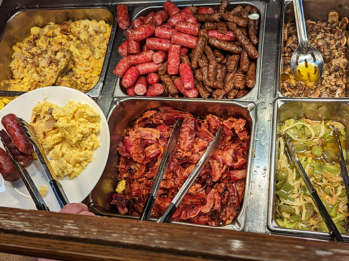 The breakfast buffet lineup: where decisions get tough and the only wrong choice is not getting seconds of the bacon.
