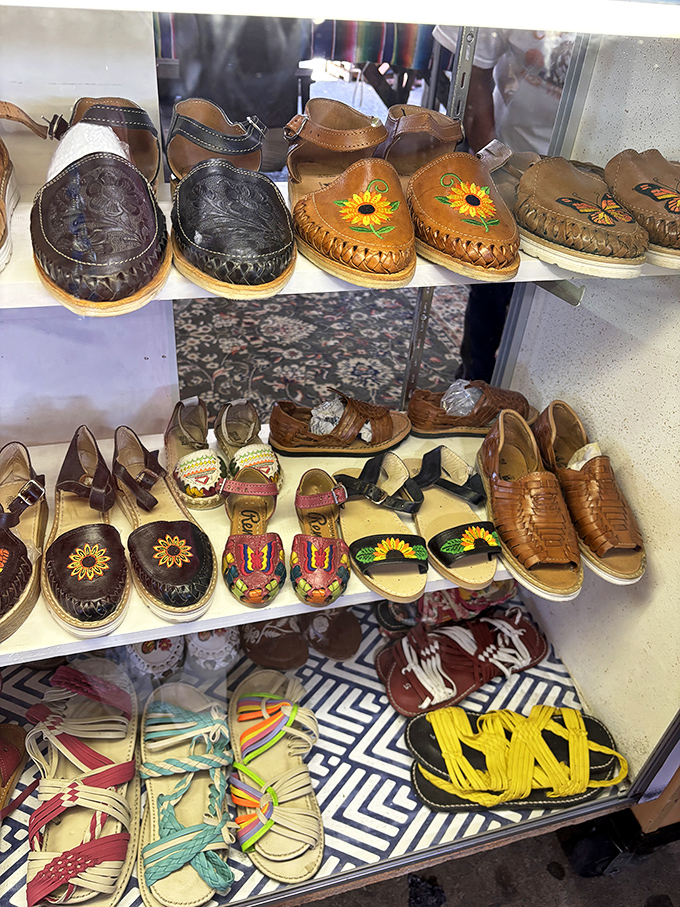 Handcrafted leather footwear with intricate details and vibrant sunflower motifs bring a touch of artisanal craftsmanship to the market.