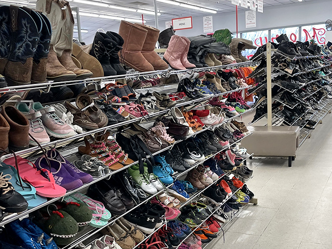 The footwear section&mdash;a United Nations of shoes where cowboy boots debate fashion points with sneakers and sensible flats.