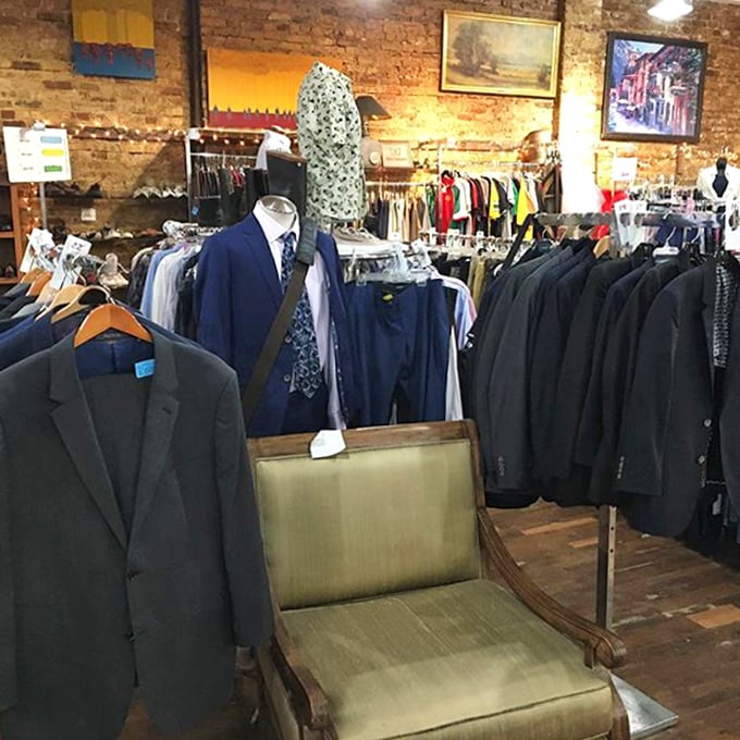 The suit section: where someone else's special occasion becomes your everyday elegance, all against a backdrop of Chicago-chic exposed brick.