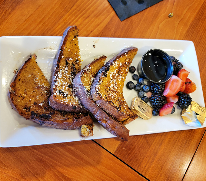 This blue corn French toast with fresh berries isn't breakfast&mdash;it's morning poetry. The maple syrup is just the punctuation mark.