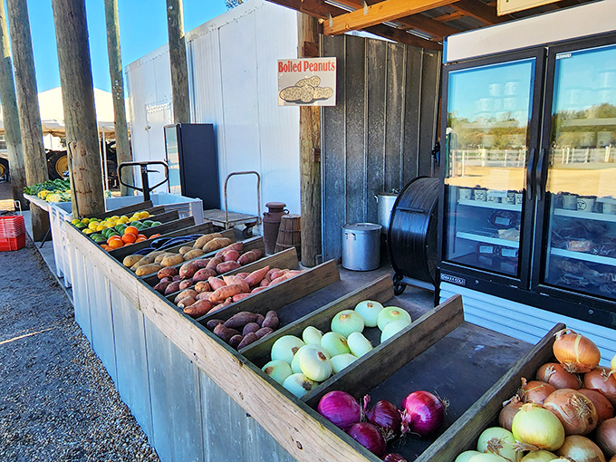 A wooden bounty of earth's treasures. This produce display is like nature's jewelry counter, but the gems are edible.
